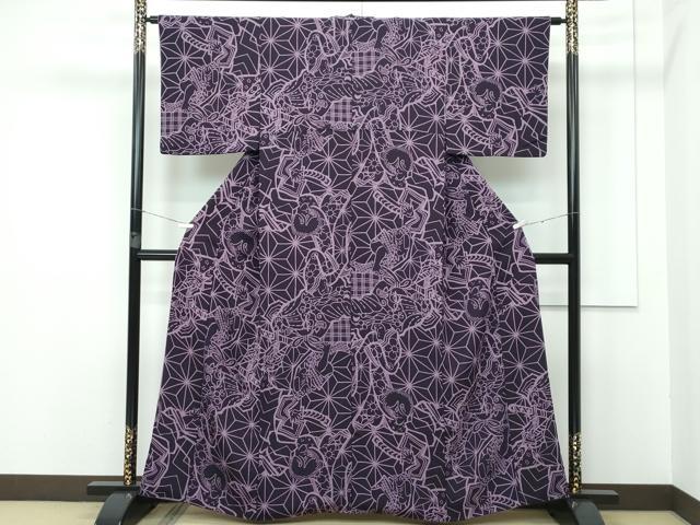 平和屋本店■極上　小紋　歌舞伎　麻の葉文様　鬼しぼ縮緬　紫黒色地　逸品　CZAA3266s5