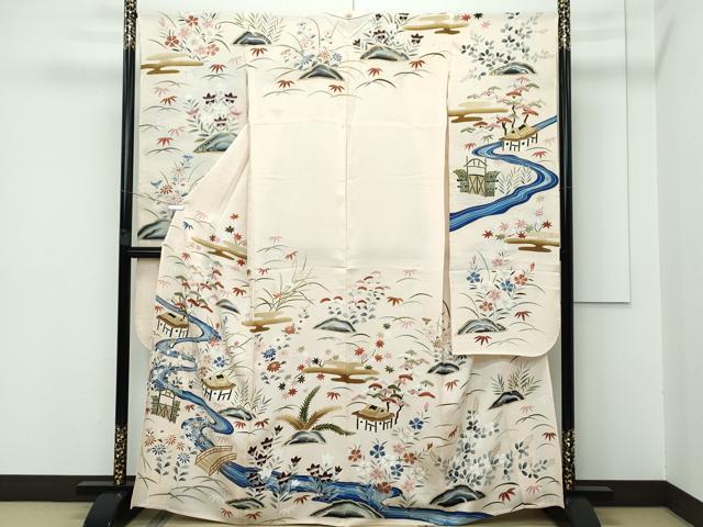 平和屋本店■希少　夏物　アンティーク　大正ロマン　振袖　絽　渡り橋風景花文　金銀彩　香色地　逸品　CZAA3280s5