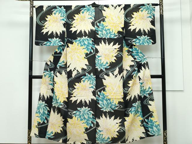 平和屋着物■極上　夏物　アンティーク　大正ロマン　小紋　絽　流水草花文　黒地　逸品　CZAA3313s5