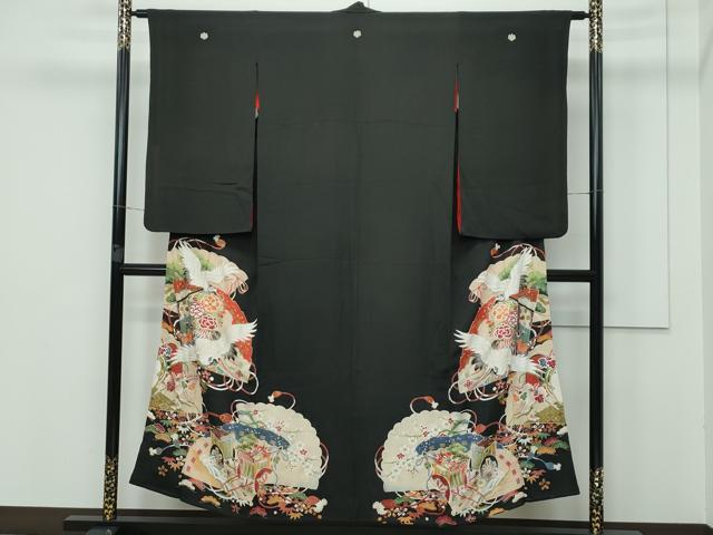 平和屋着物■極上　アンティーク　大正ロマン　黒留袖　駒刺繍　檜扇飛鶴花文　金彩　逸品　CZAA3317s5