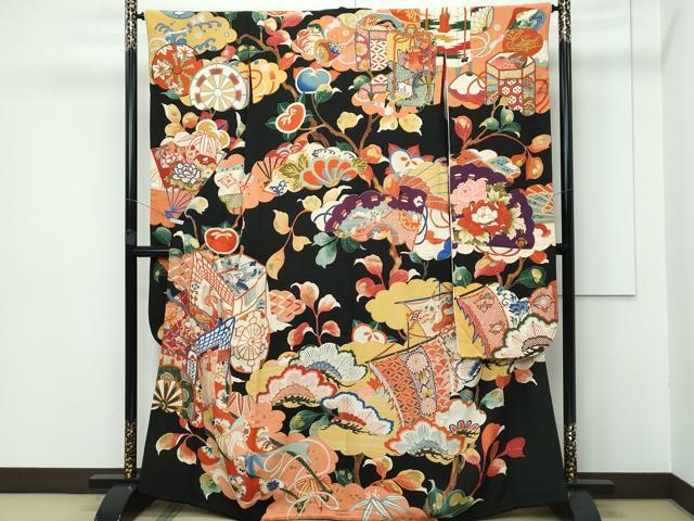 平和屋本店■極上　アンティーク　大正ロマン　振袖　御所車貝桶吉祥花文　黒地　金彩　逸品　CZAA3318s5