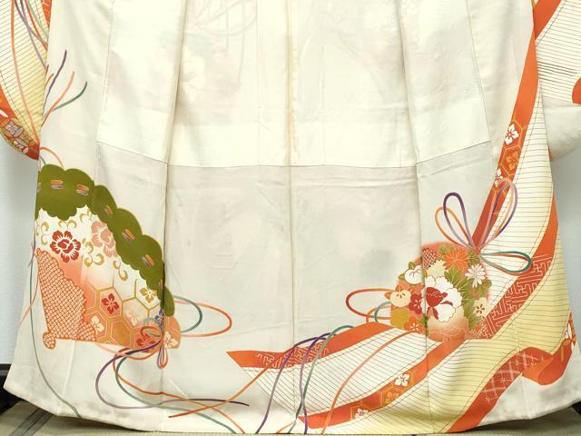 平和屋本店□極上 アンティーク 大正ロマン 振袖 駒刺繍 檜扇吉祥花文