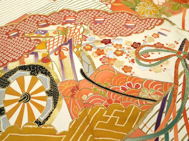 平和屋本店□極上 アンティーク 大正ロマン 振袖 駒刺繍 檜扇吉祥花文