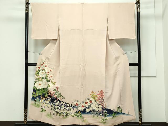 平和屋本店■極上　浦野理一　金彩友禅　色留袖　草花文　金彩　鬼しぼ縮緬　白茶色地　逸品　CZAA3327s5