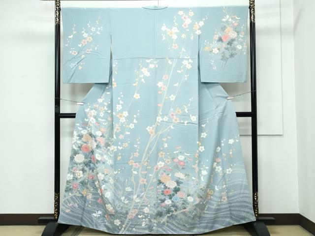 平和屋着物■極上　訪問着　友禅　作家物　草花文　たたき染め　青磁鼠色地　逸品　CZAA3337s5