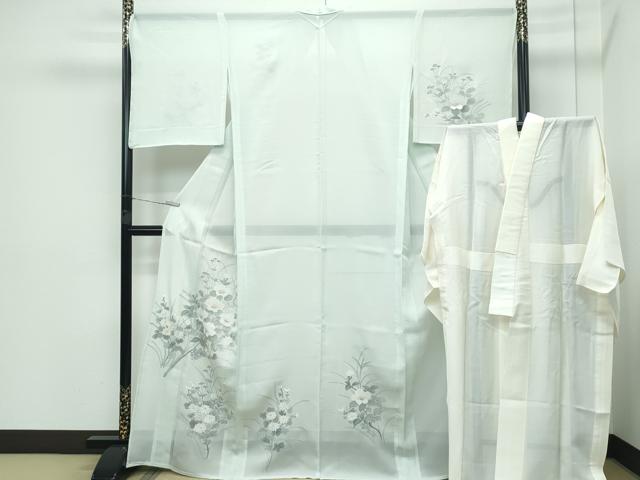 平和屋本店■極上 夏物 訪問着・長襦袢セット 絽 総刺繍 中国三大刺繍 スワトウ相良刺繍 草花文 白緑色地 鈴乃屋扱 逸品 未使用 CZAA3411s5