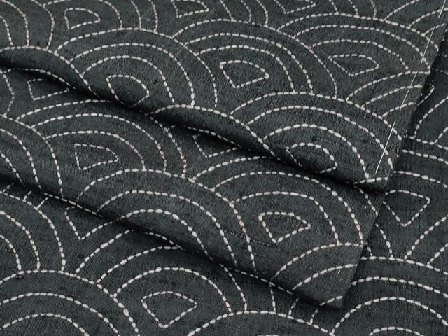 平和屋着物■極上　紬　刺し子　青海波　墨色地　逸品　CZAA3438s5