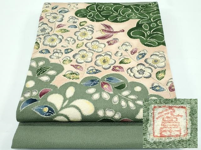 平和屋本店■超希少　東京友禅　久呂田明功　太鼓柄袋帯　辻が花　花鳥文　鬼しぼ縮緬　麹塵色地　逸品　CZAA3448s5