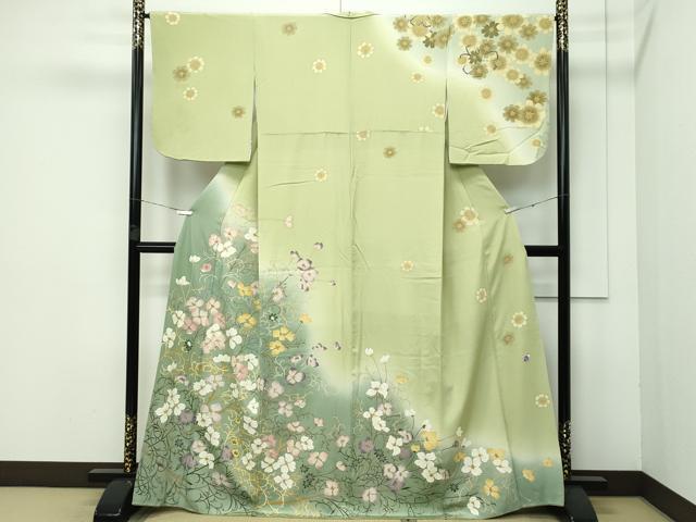 平和屋着物■極上　京友禅作家　高瀬川美紀　訪問着　草花文　暈し染め　枯草色地　逸品　CZAA3508s5