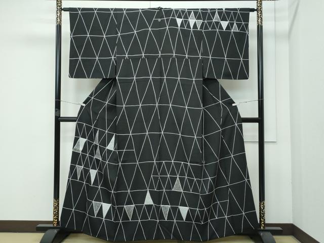平和屋着物■極上　訪問着　駒刺繍　絞り　幾何学文様　黒地　逸品　CZAA3555s5