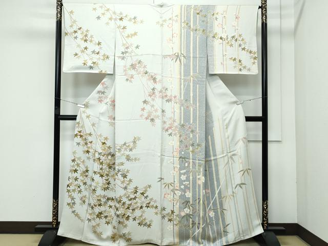 平和屋着物■極上　伝統工芸士　吉岡肇　訪問着　楓笹竹梅文　たたき染め　金彩　逸品　CZAA3564s5