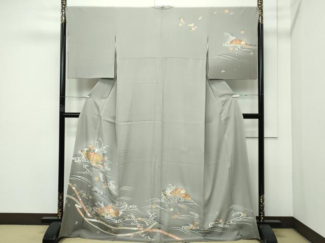 平和屋着物■極上　訪問着　立波片輪車草花文　暈し染め　金彩　灰汁色地　逸品　CZAA3569s5