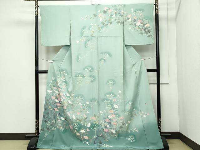 平和屋着物■極上　十日町友禅作家　一梗　訪問着　草花文　暈し染め　山葵色地　逸品　CZAA3613s5