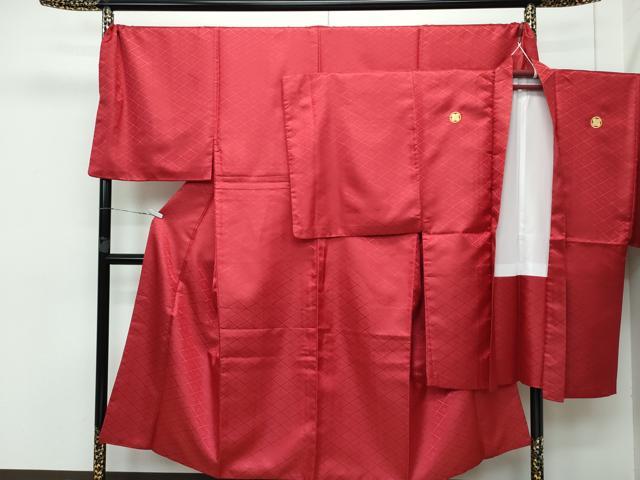 平和屋着物■極上　男性　色無地　紋付き羽織セット　キングサイズ　紅海老茶色地　花菱地紋　舞台衣装　洗える着物　逸品　CZAA3647s5