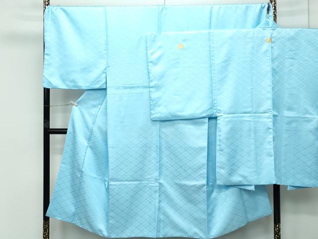 平和屋着物■極上　男性　色無地　紋付き羽織セット　キングサイズ　水色地　花菱地紋　舞台衣装　洗える着物　逸品　CZAA3648s5