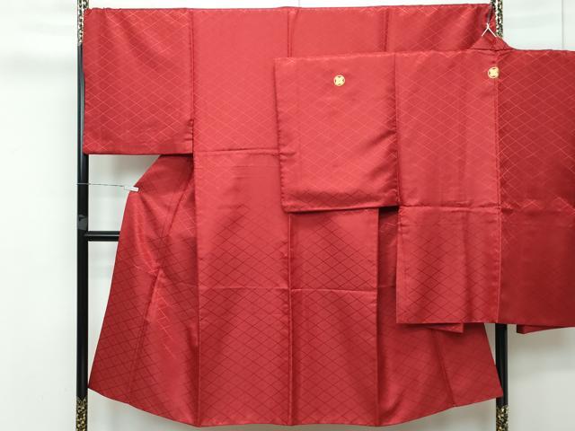 平和屋着物■極上　男性　色無地　紋付き羽織セット　紅海老茶色地　花菱地紋　舞台衣装　洗える着物　逸品　CZAA3649s5