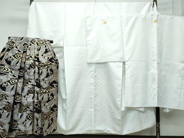 平和屋着物■極上　男性　色無地　紋付き羽織・行灯袴セット　キングサイズ　白地　花菱地紋　舞台衣装　洗える着物　逸品　CZAA3654s5