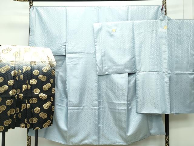 平和屋着物■極上 男性 色無地 紋付き羽織・行灯袴セット キングサイズ 青磁鼠色地 花菱地紋 舞台衣装 洗える着物 逸品 CZAA3657s5 平和屋着物□極上 男性 色無地 紋付き羽織・行灯袴セット キングサイズ