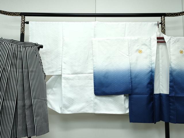 平和屋着物■極上　男性　袴下着物　紋付き羽織・行灯袴セット　舞台衣装　花菱地紋　白地　洗える着物　逸品　CZAA3663s5