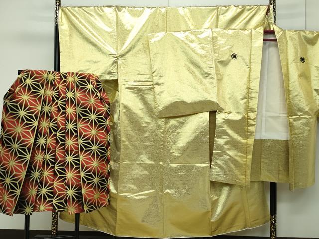 平和屋着物■極上　男性　色無地　紋付き羽織・行灯袴セット　キングサイズ　金　舞台衣装　成人式　洗える着物　逸品　CZAA3671s5