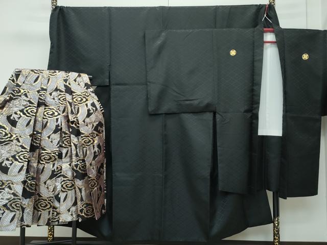 平和屋着物■極上　男性　色無地　紋付き羽織・行灯袴セット　キングサイズ　黒地　舞台衣装　成人式　洗える着物　逸品　CZAA3674s5