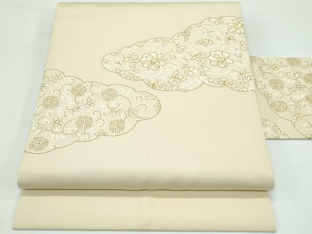 平和屋着物■極上　塩瀬　九寸名古屋帯　雲取り花唐草文　金彩　砥粉色地　逸品　CZAA3693s5