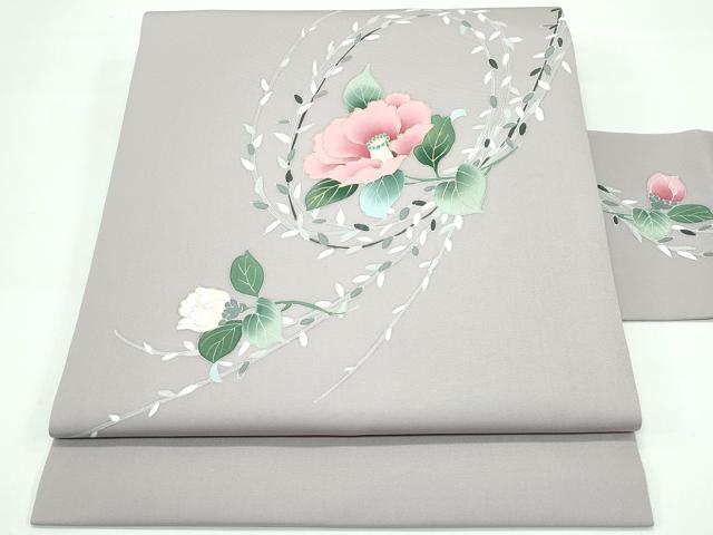 平和屋着物■極上　塩瀬　九寸名古屋帯　草花文　金彩　茶鼠色地　逸品　未使用　CZAA3694s5