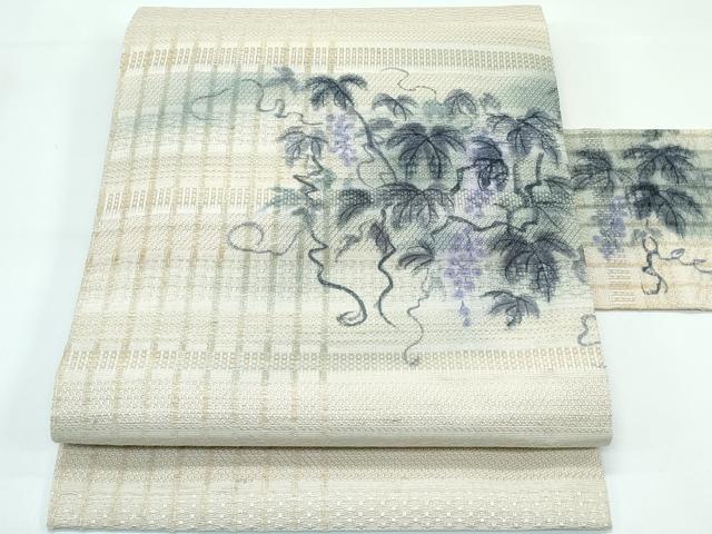 平和屋着物■極上　九寸名古屋帯　手描き　紬地　葡萄蔦の葉文　逸品　CZAA3696s5