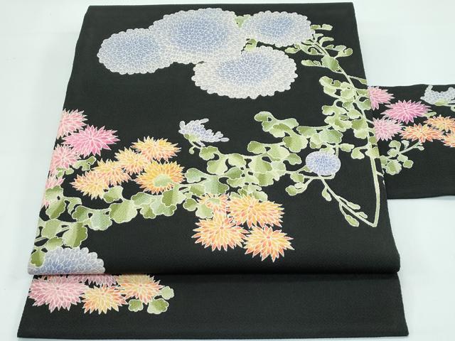 平和屋着物■極上　九寸名古屋帯　友禅　草花文　黒地　鬼しぼ縮緬　逸品　CZAA3697s5