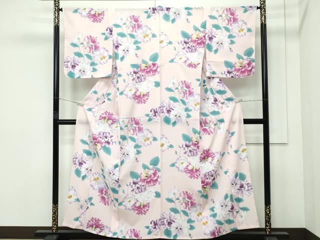 平和屋着物■極上　夏物　撫松庵　小紋・浴衣兼用　セオアルファ　草花文　白茶色地　洗える着物　逸品　未使用　CZAA3709s5