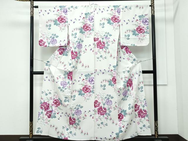 平和屋着物■極上　夏物　撫松庵　小紋・浴衣兼用　セオアルファ　バラと芙蓉　練色地　洗える着物　逸品　未使用　CZAA3713s5