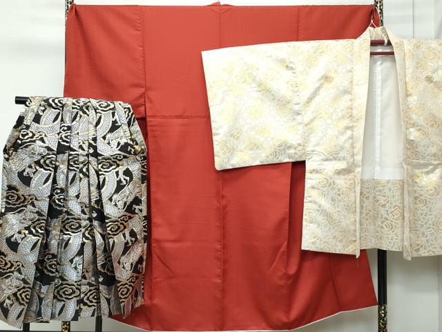 平和屋着物■極上 男性 色無地 紋付き羽織・行灯袴セット キングサイズ 四つ菱地紋 紅鳶色地 舞台衣装 洗える着物 逸品 CZAA3749s5