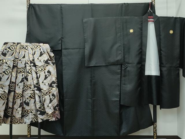 平和屋着物■極上 男性 色無地 紋付き羽織・行灯袴セット キングサイズ 花菱地紋 黒地 舞台衣装 洗える着物 逸品 CZAA3750s5