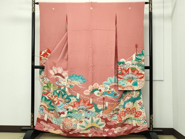 平和屋着物■極上　アンティーク　大正ロマン　振袖　飛鶴松文　金彩　遠州茶色地　逸品　CZAA3756s5