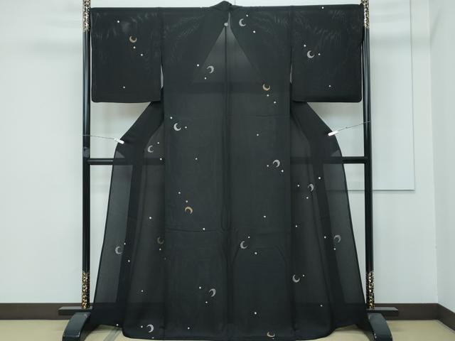 平和屋着物■極上　夏物　小紋　縦絽　総刺繍　月　星　黒地　やまと誂製　逸品　CZAA3810s5