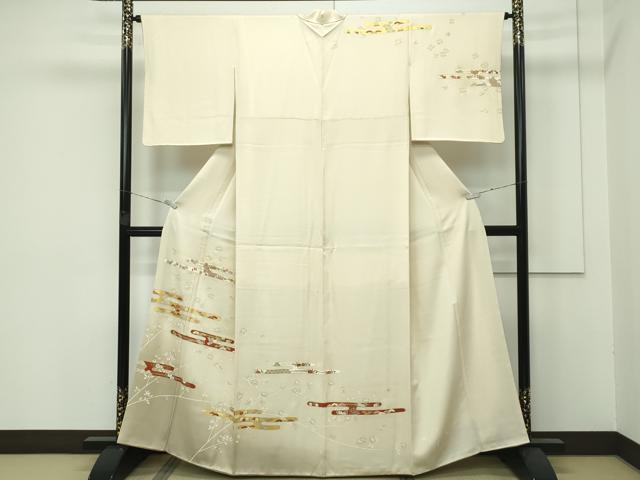 平和屋本店■極上　銀座きしや　訪問着　駒刺繍　エ霞草花文　暈し染め　金彩　砥粉色地　逸品　CZAA3831s5