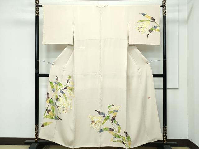 平和屋本店■希少　皆川月華　長女　日本画家　皆川千恵子　訪問着　刺繍　草花文　金銀糸　浅黄色　逸品　CZAA3848s5