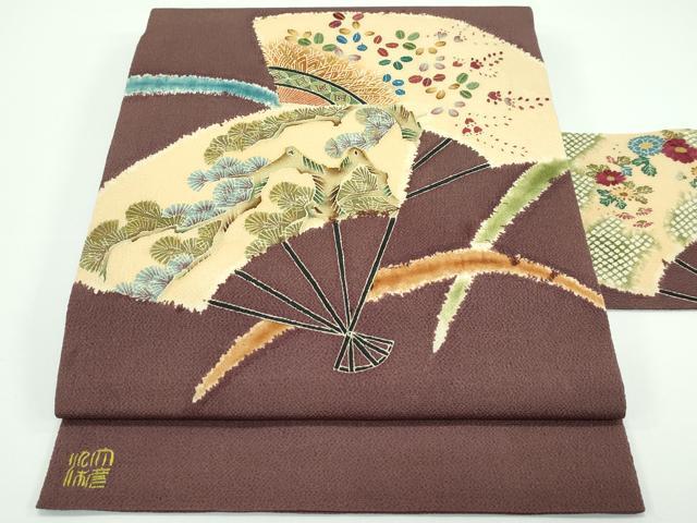 平和屋着物■極上　創業130年　江戸染繍友禅　大彦　九寸名古屋帯　刺繍　扇面草花文　鬼しぼ縮緬　金糸　銀煤竹色地　逸品　CZAA3894s5