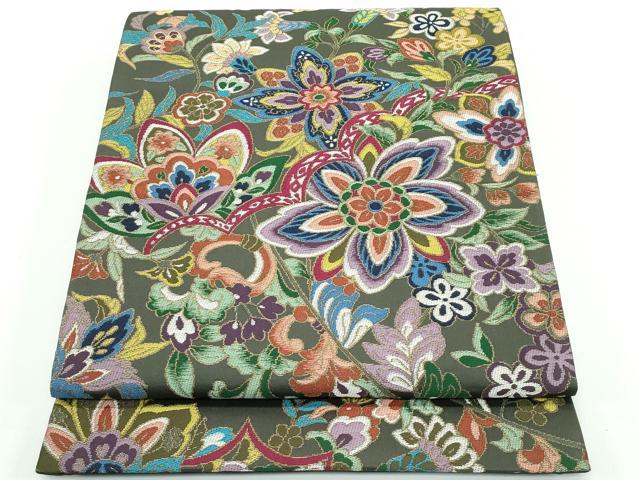 平和屋着物■極上　西陣　白綾苑大庭　六通柄袋帯　唐織　草花文　金糸　媚茶色地　逸品　CZAA3902s5