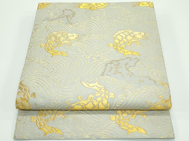 平和屋着物■極上　龍村美術織物　たつむら　九寸開き名古屋帯　踊鯉　金糸　柳鼠色地　逸品　CZAA3917s5