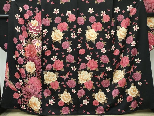 平和屋着物□極上 振袖 刺繍 花蝶文 黒地 金彩 逸品 CZAA4022s5