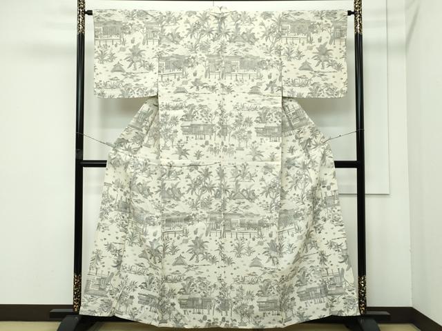 平和屋着物■極上　生紬　単衣　風景文　逸品　未使用　CZAA4025s5