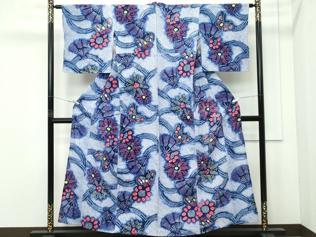 平和屋着物■極上　夏物　浴衣　有松鳴海絞り　花蝶扇文　綿　逸品　CZAA4053s5