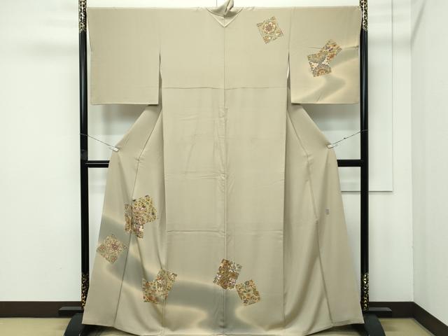 平和屋本店■極上 十日町 加賀草木友禅の第一人者 田村哲彦 訪問着 色紙重ね動物更紗花文 暈し染め 利休茶色地 反端付き 逸品 CZAA4076s5