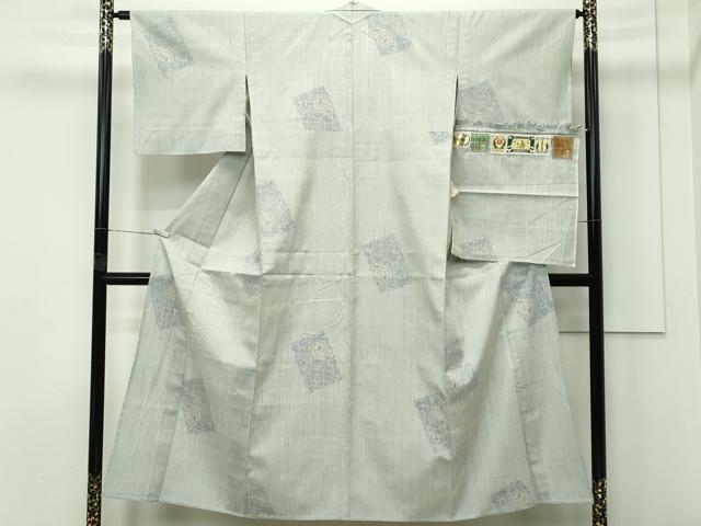 平和屋着物■極上　本場結城紬　重要無形文化財　単衣　100亀甲　飛び亀甲柄　色紙牡丹文　柳鼠色地　証紙付き　逸品　CZAA4098s5