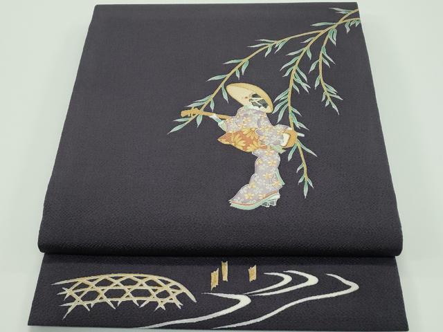平和屋着物■極上　九寸開き名古屋帯　友禅　刺繍　枝垂れ柳人物文　金彩　鬼しぼ縮緬　紫黒色地　逸品　CZAA4136s5