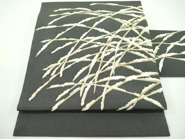 平和屋本店■極上　九寸名古屋帯　雪持ち芝草文　金銀彩　鬼しぼ縮緬　藍媚茶色地　三越扱い　逸品　未使用　CZAA4145s5