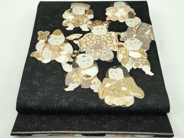 平和屋本店■極上　太鼓柄袋帯　総手刺繍　唐子　黒地　金銀糸　逸品　CZAA4157s5