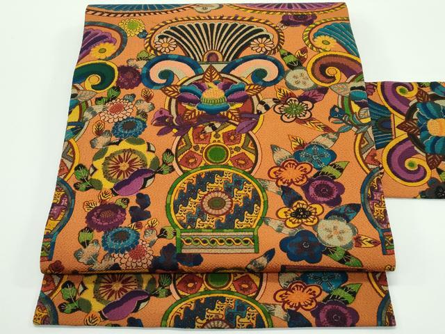 平和屋着物■極上　初代 染人・山岡古都　首里琉染　全通柄　九寸名古屋帯　更紗花唐草文　鬼しぼ縮緬　逸品　未使用　CZAA4177s5