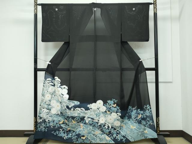 平和屋着物■希少　夏物　黒留袖　花蝶唐草文　暈し染め　銀彩　逸品　CZAA4265s5